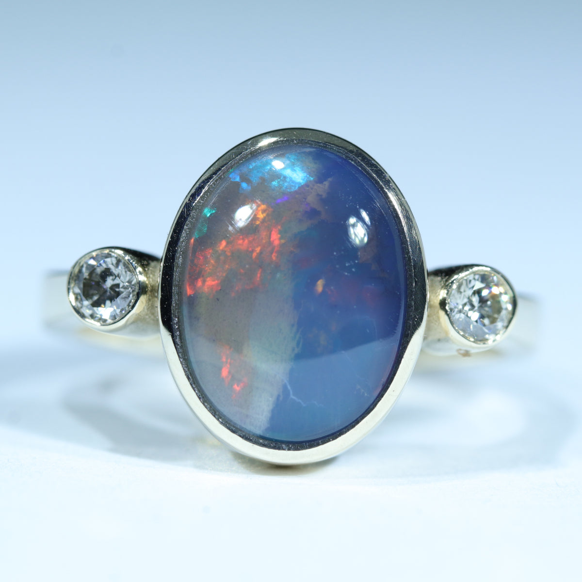 Natural Australian Lightning Ridge Opal Ring - Diamonds