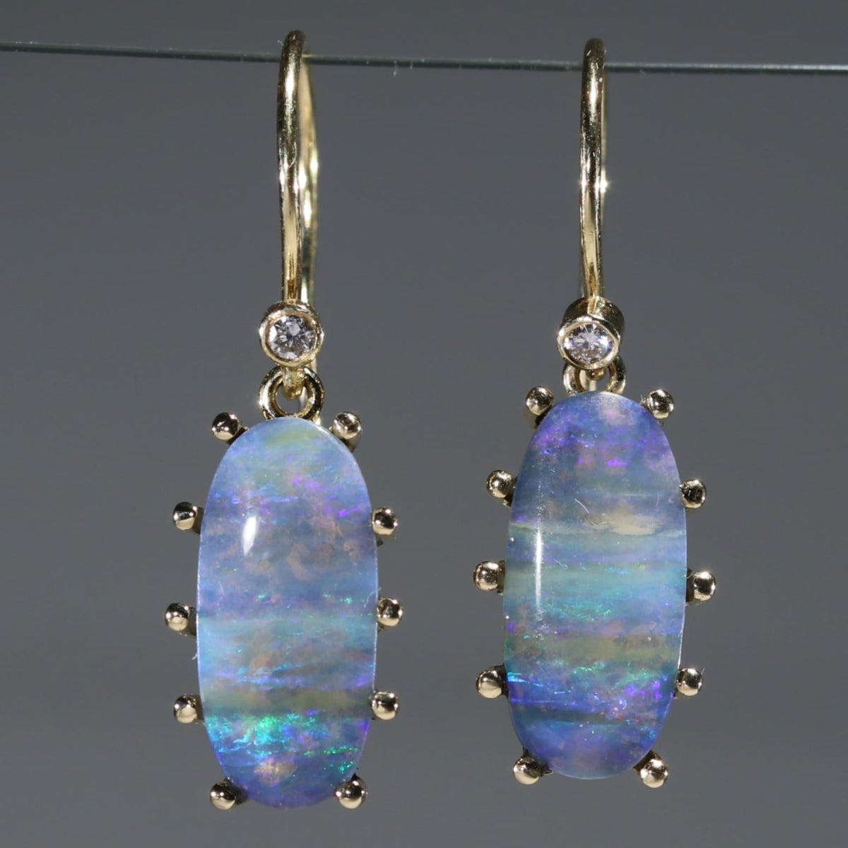 Natural Australian Boulder Opal and Diamond 18k Gold Earrings