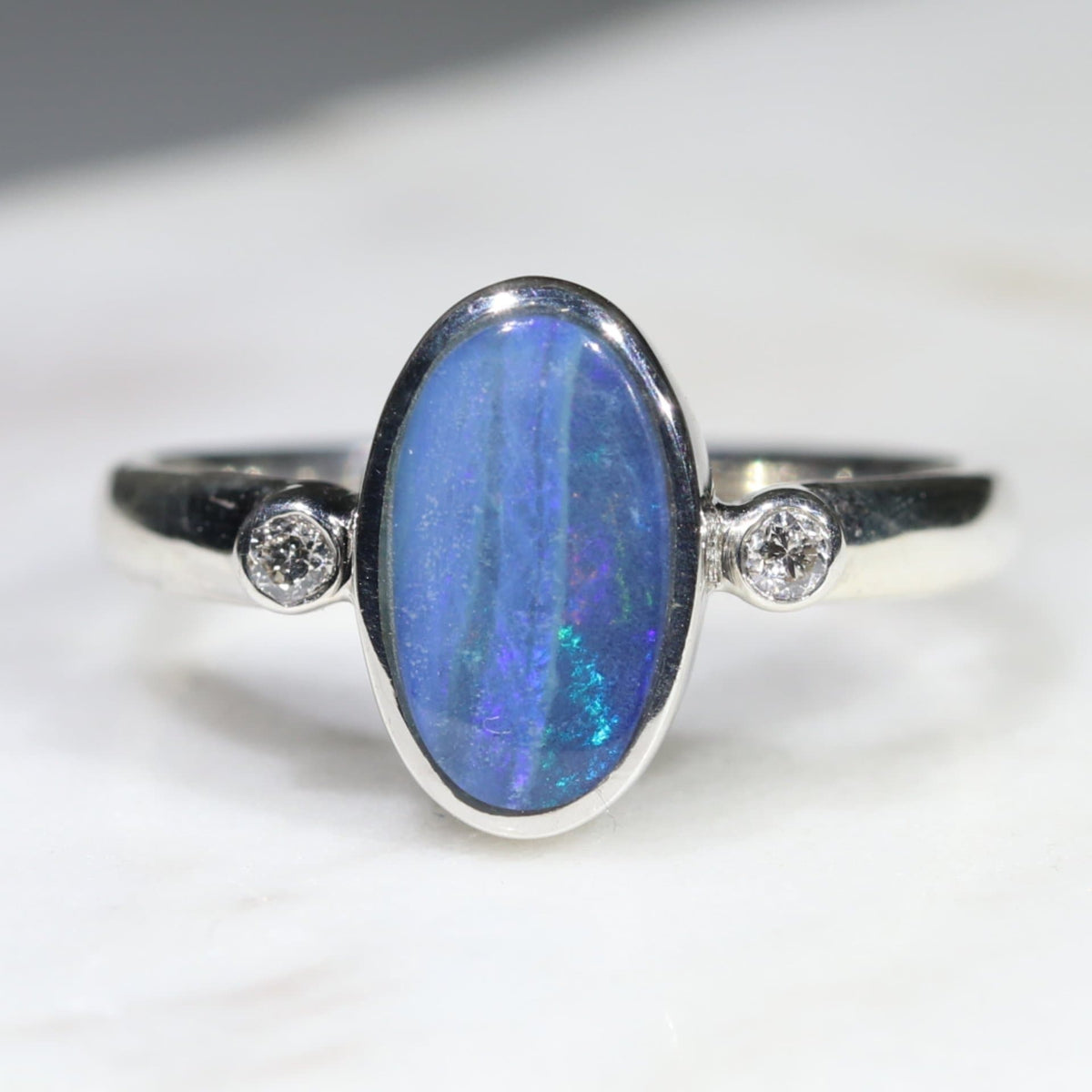 Australian Solid Boulder Blue Opal Ring Sterling Silver - Size 6