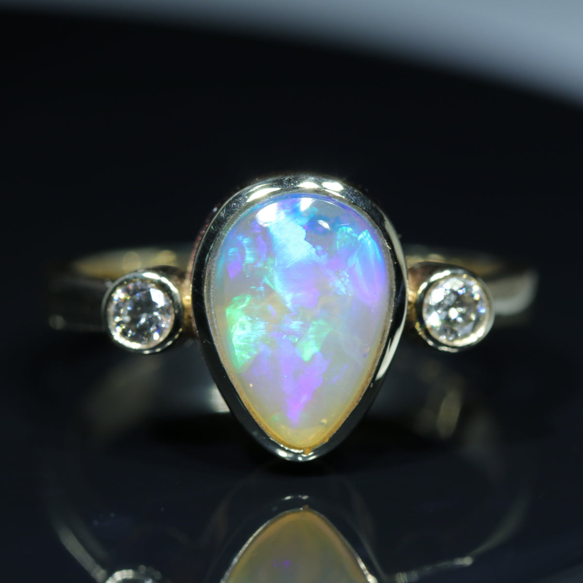 Natural Australian Lightning Ridge Opal Ring - Diamonds