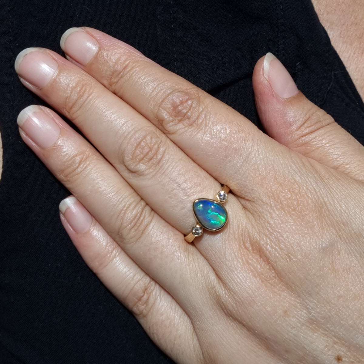 Natural Australian Lightning Ridge Opal Ring - Diamonds