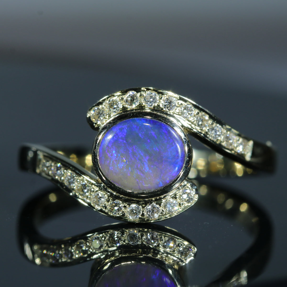 Natural Australian Lightning Ridge Opal Ring - Diamonds