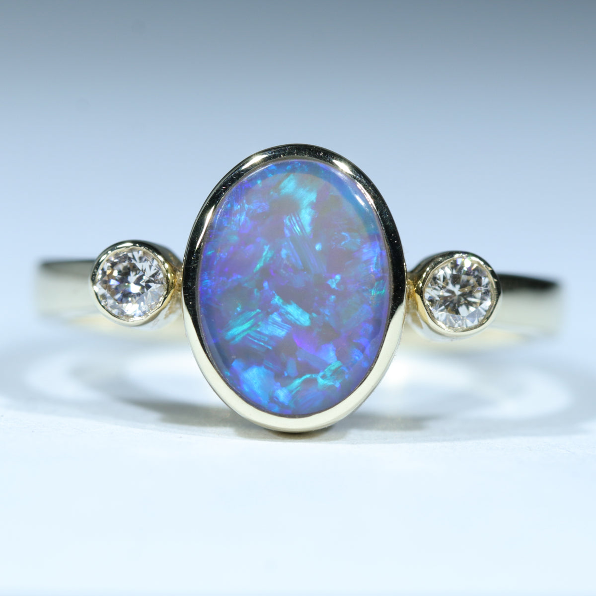Natural Australian Lightning Ridge Opal Ring - Diamonds