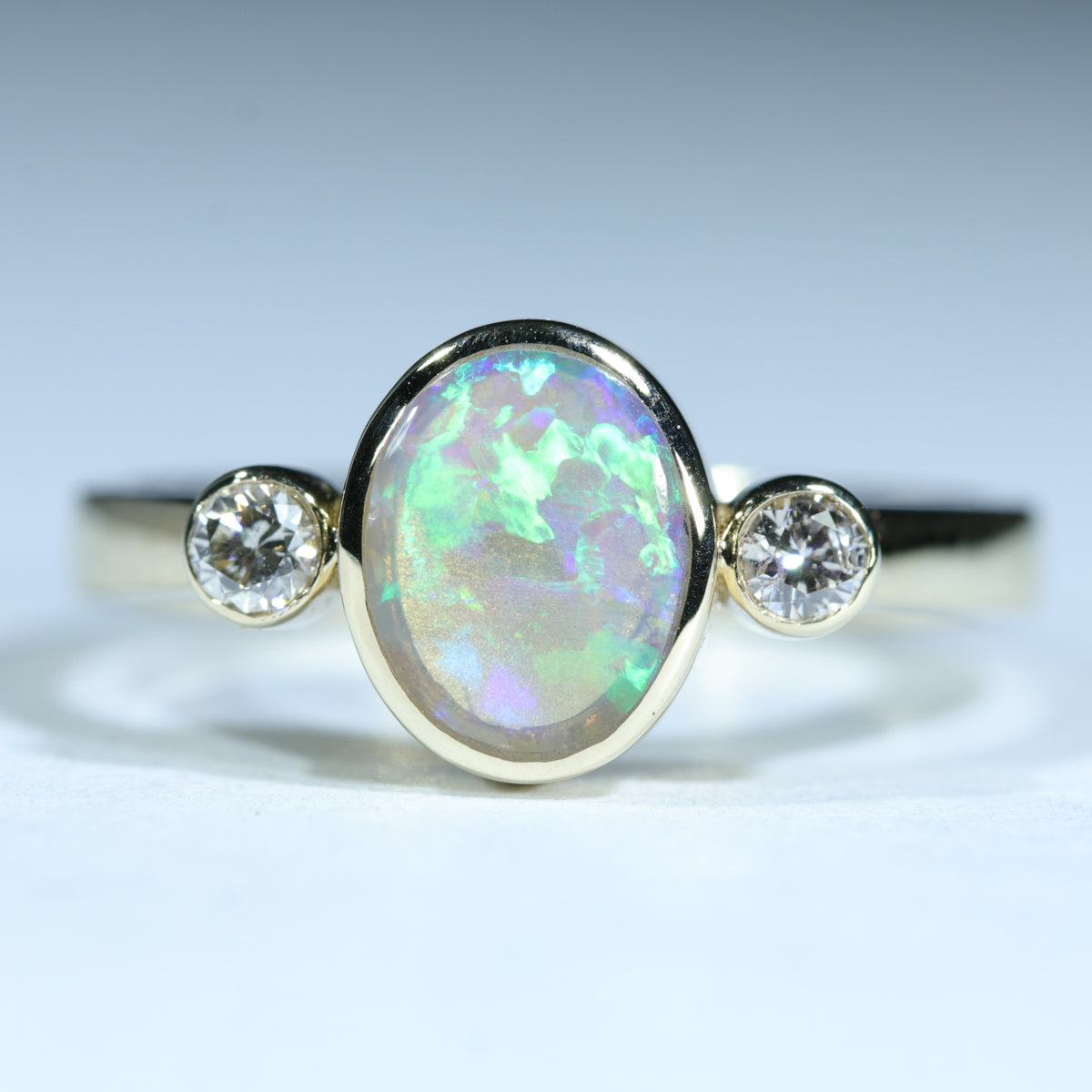 Natural Australian Lightning Ridge Opal Ring - Diamonds