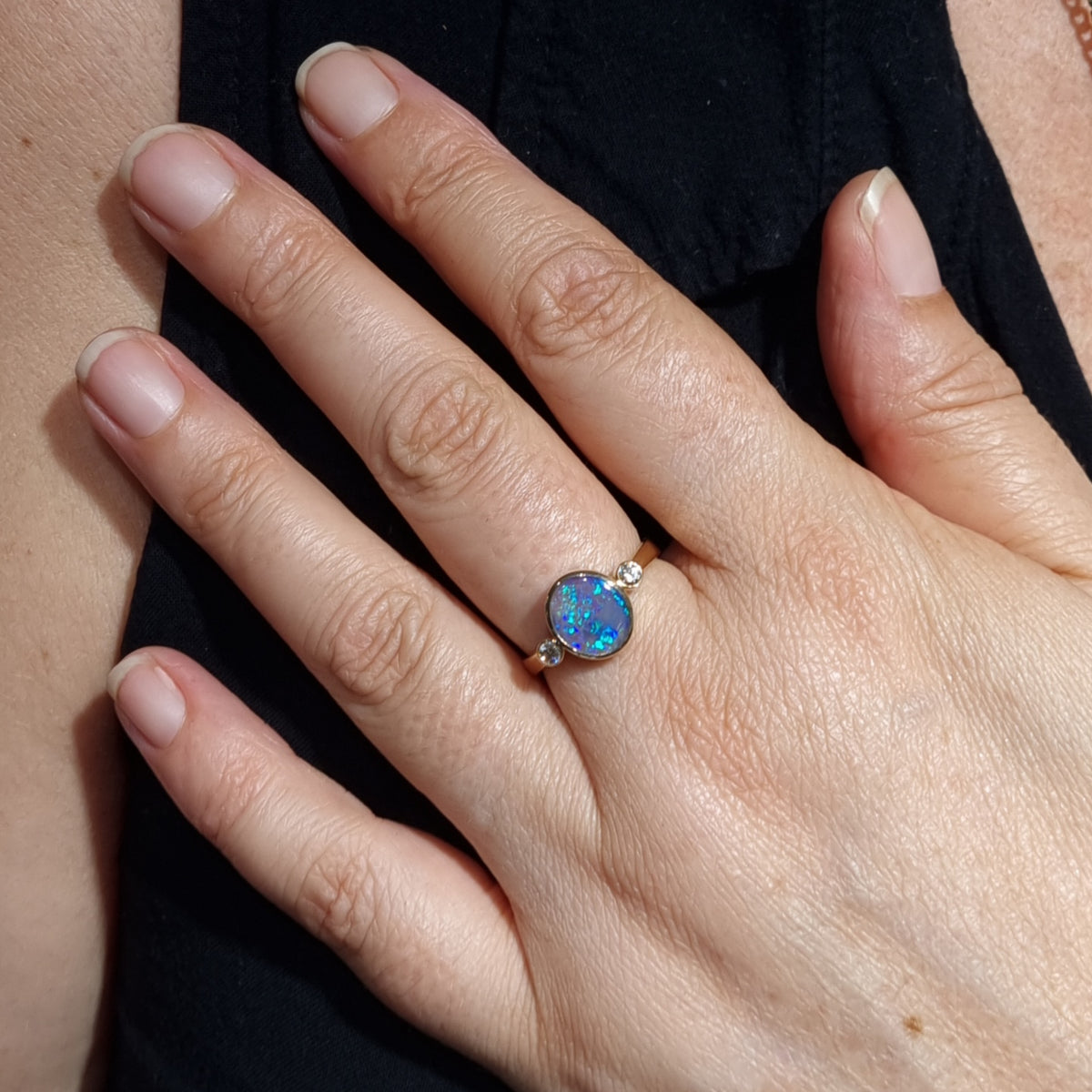 Natural Australian Lightning Ridge Opal Ring - Diamonds