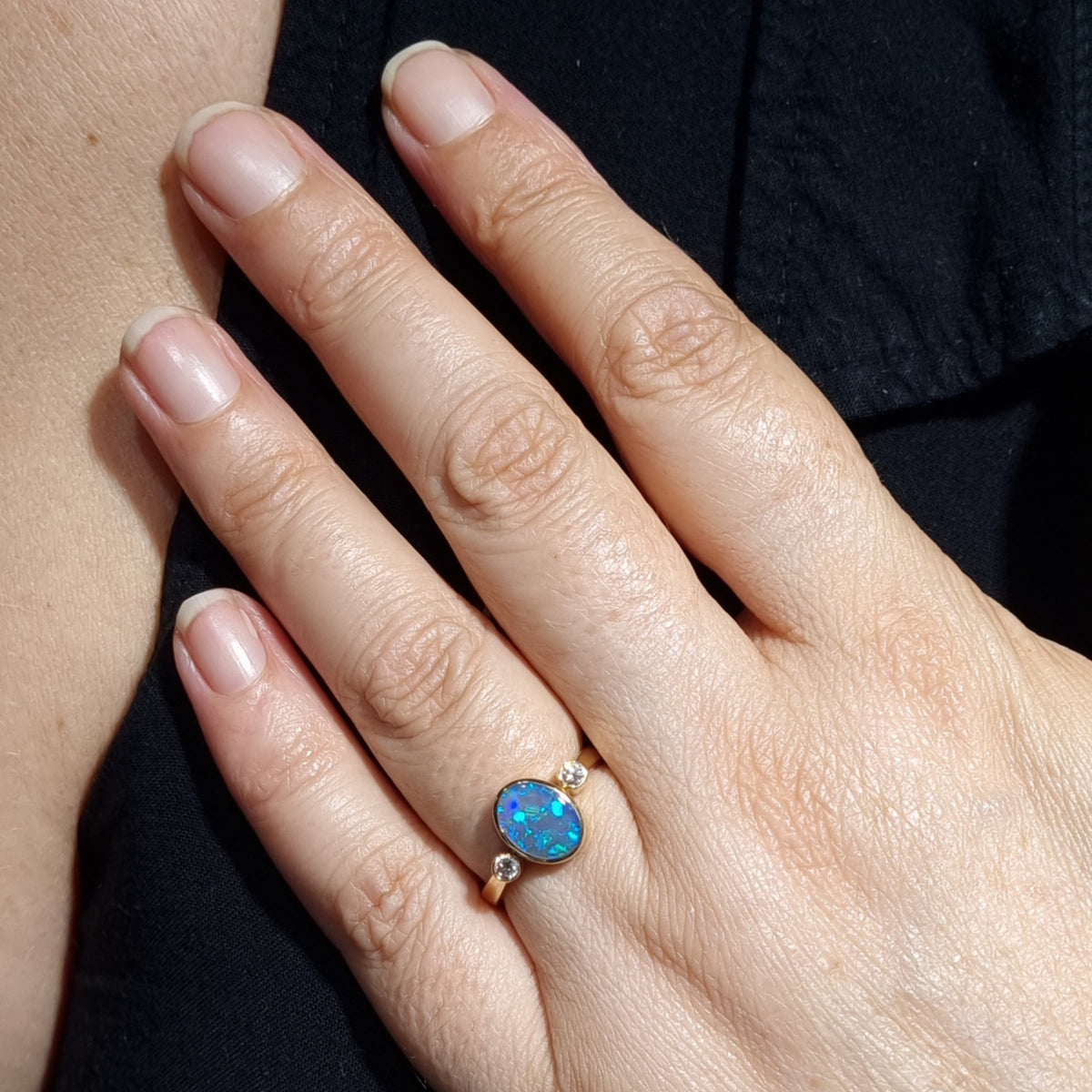 Natural Australian Lightning Ridge Opal Ring - Diamonds
