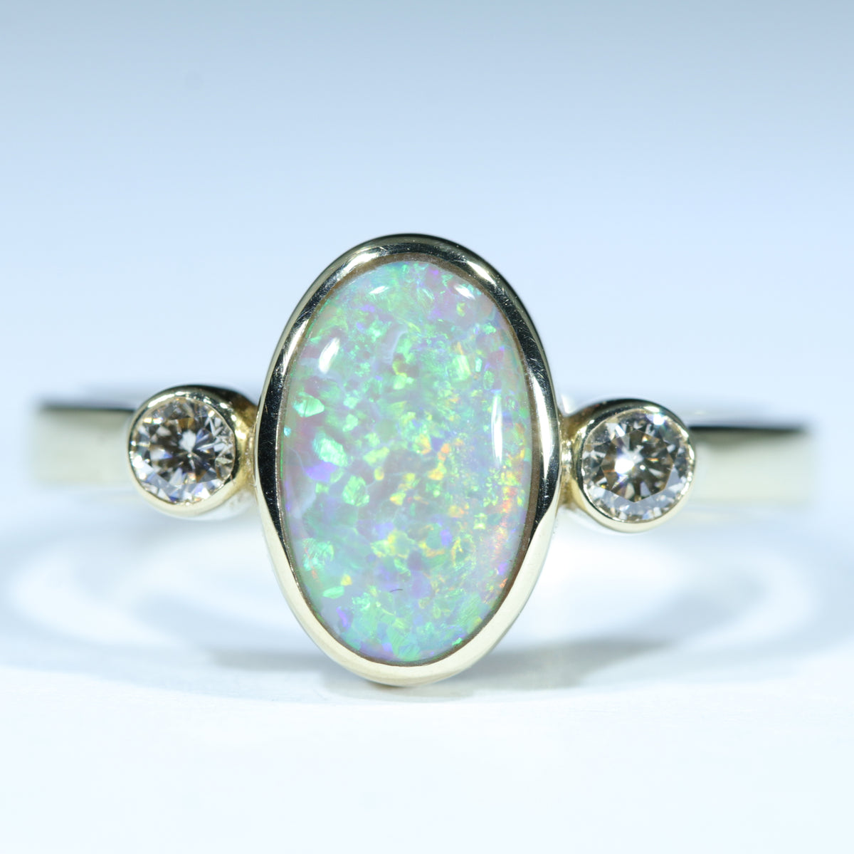 Natural Australian Lightning Ridge Opal Ring - Diamonds